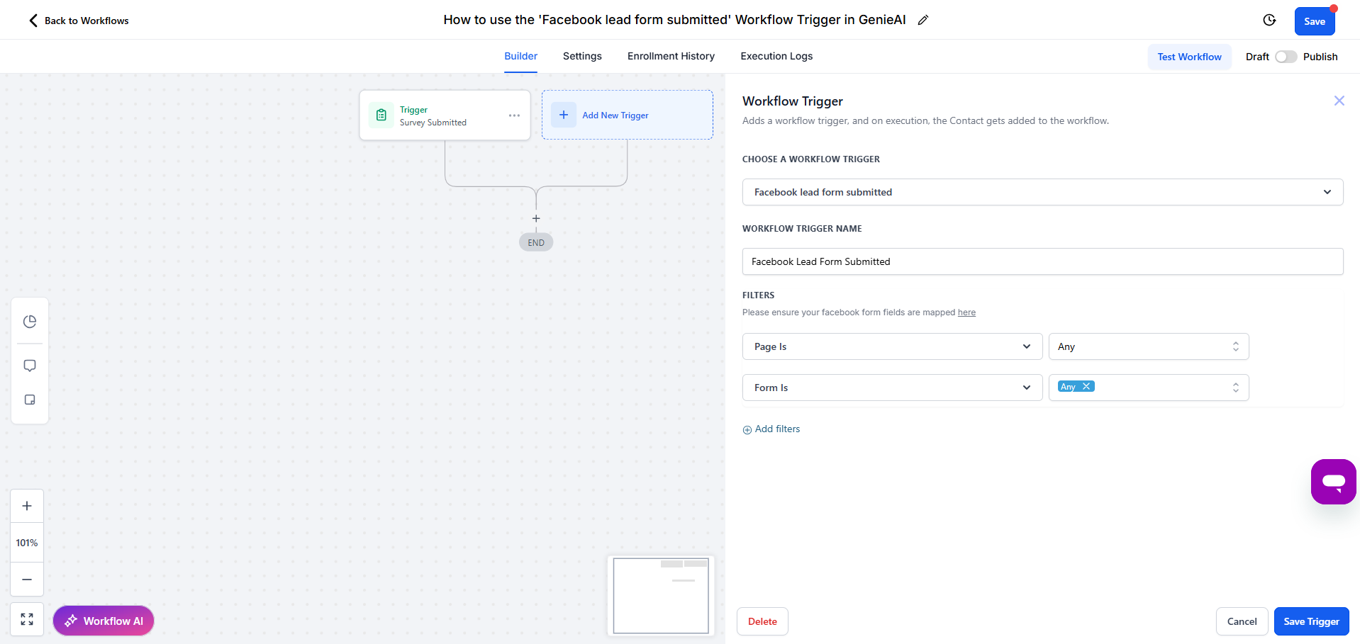 How to use the 'Facebook lead form submitted' Workflow Trigger in GenieAI – GenieAI