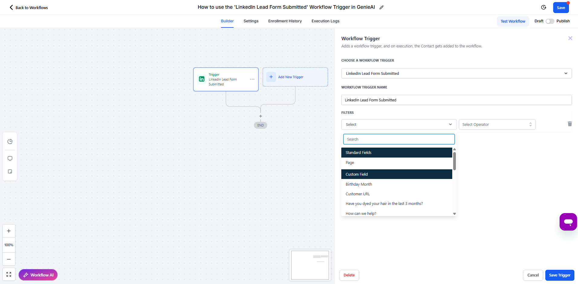 How to use the 'LinkedIn Lead Form Submitted' Workflow Trigger in GenieAI – GenieAI