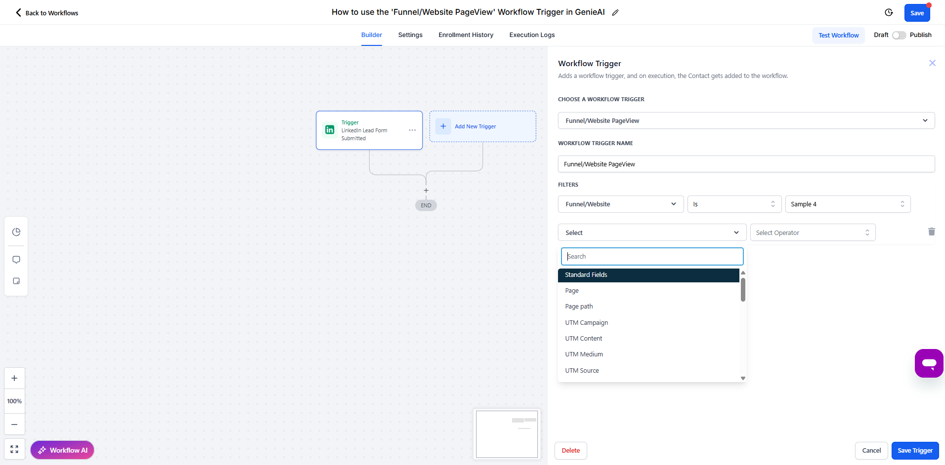 How to use the 'Funnel/Website PageView' Workflow Trigger in GenieAI – GenieAI