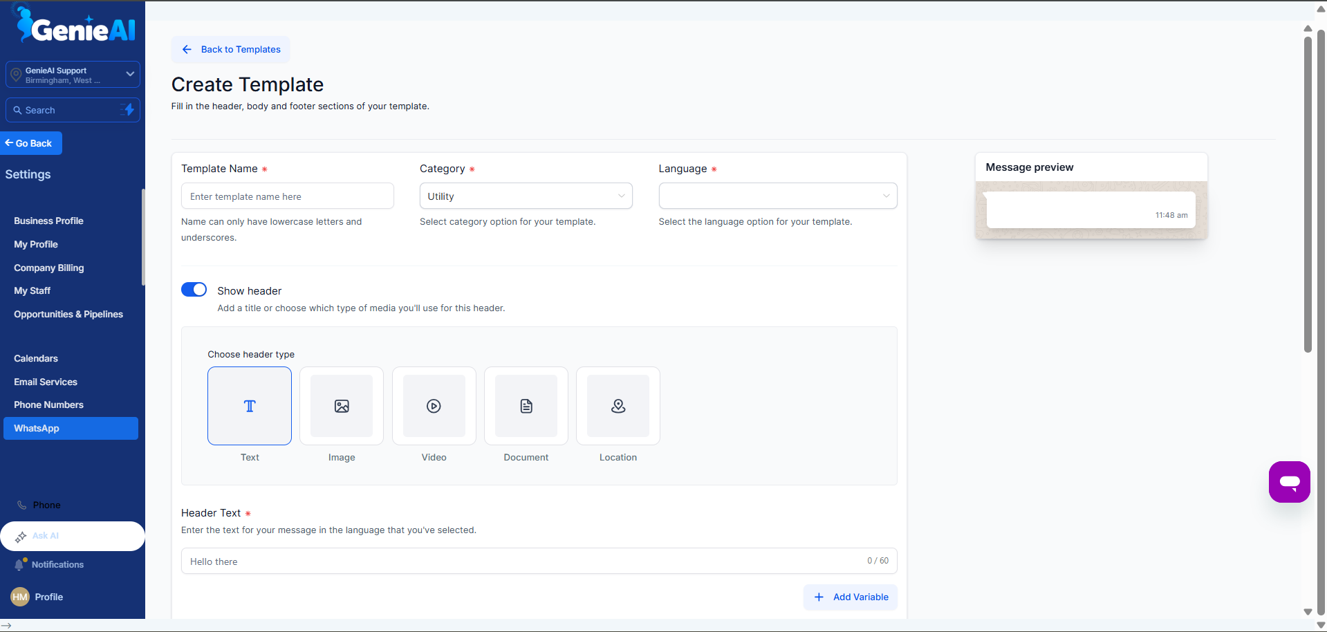 WhatsApp Business Templates in GenieAI – GenieAI