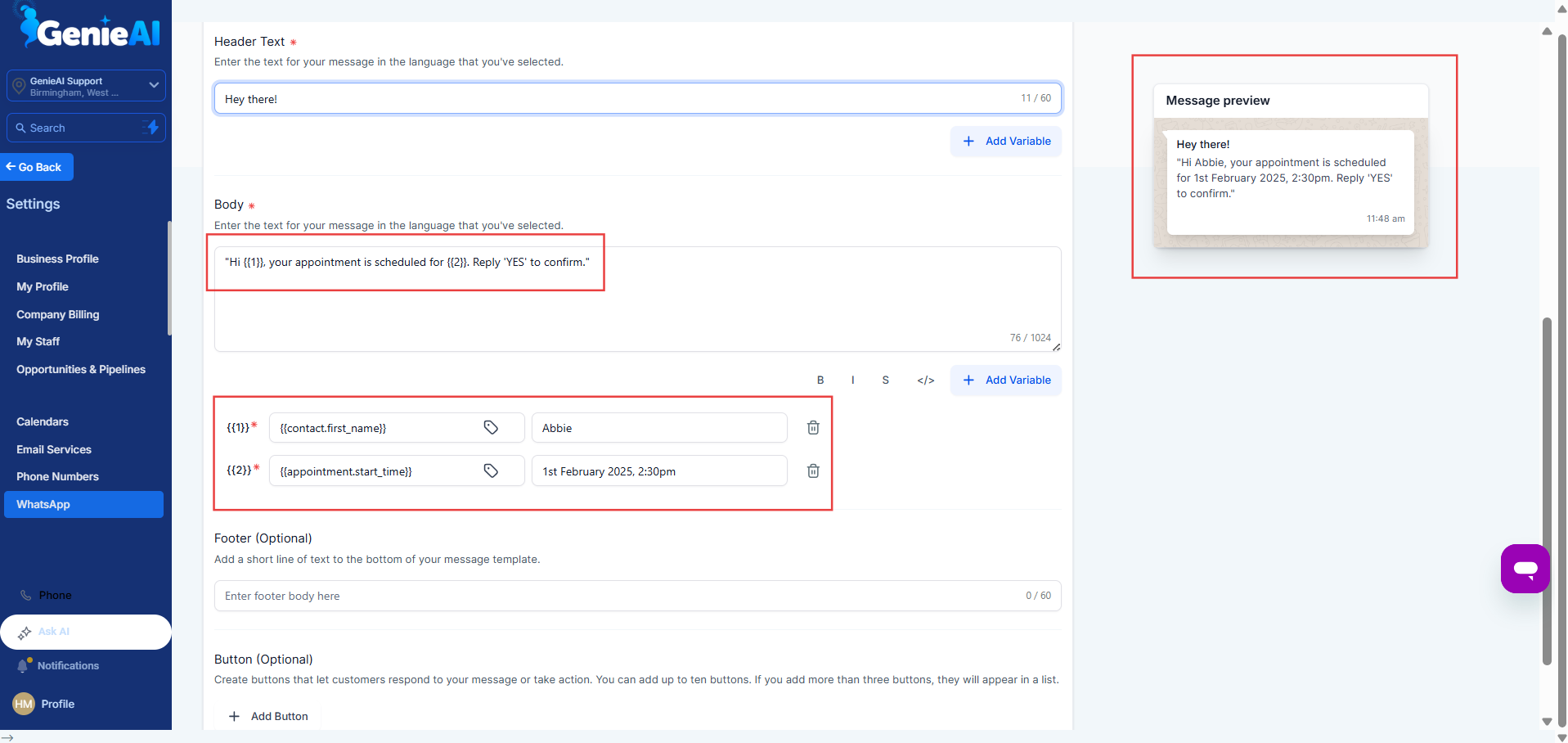 WhatsApp Business Templates in GenieAI – GenieAI