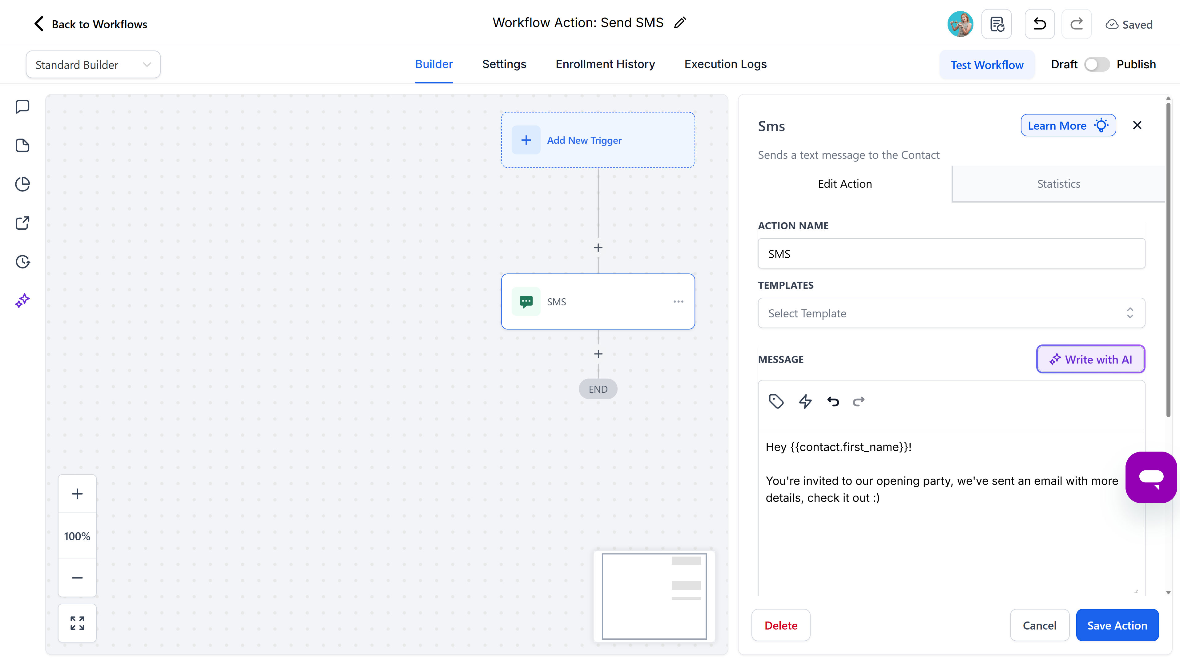 Workflow Action: Send SMS – GenieAI