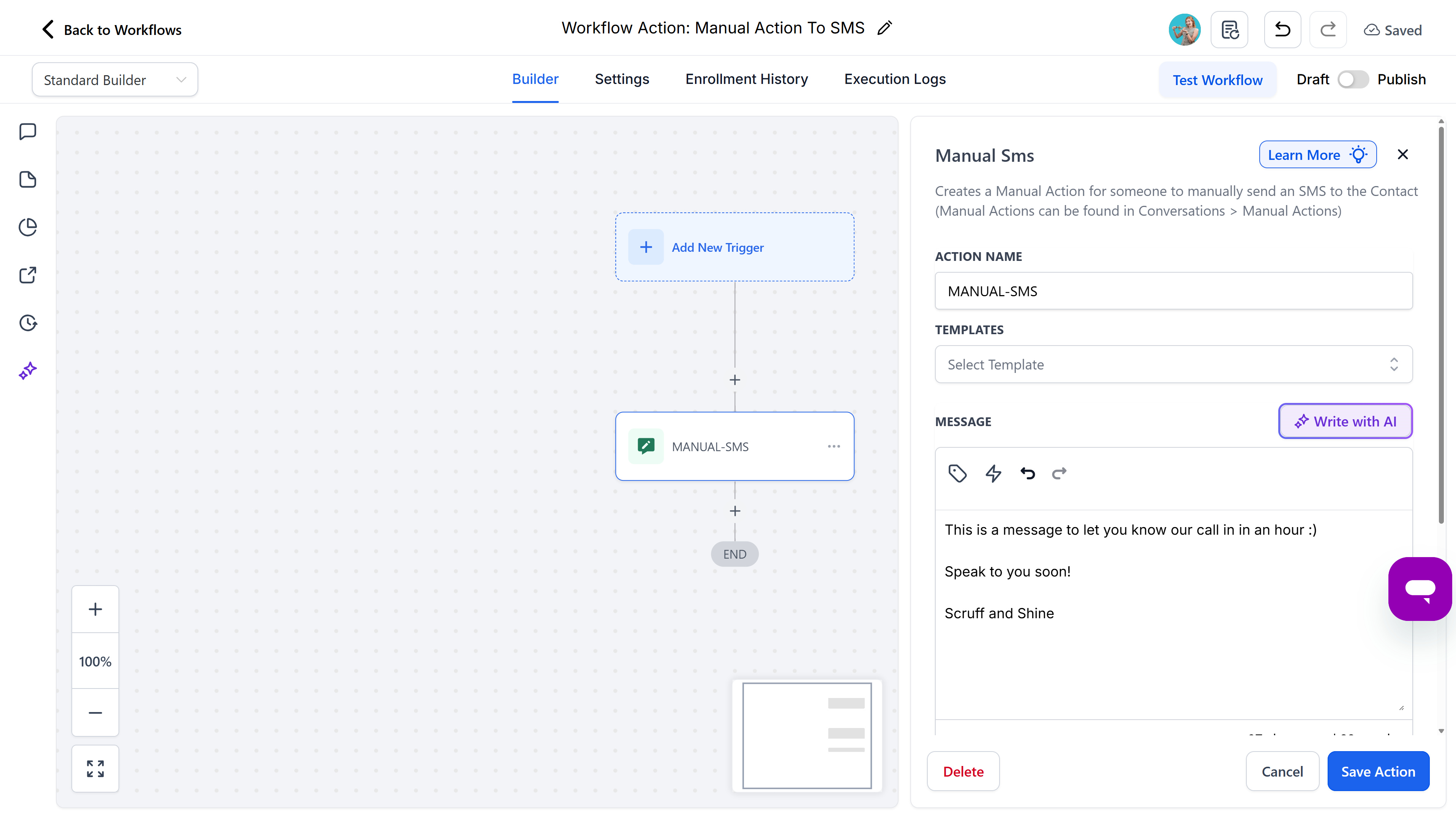 Workflow Action: Manual Action To SMS – GenieAI